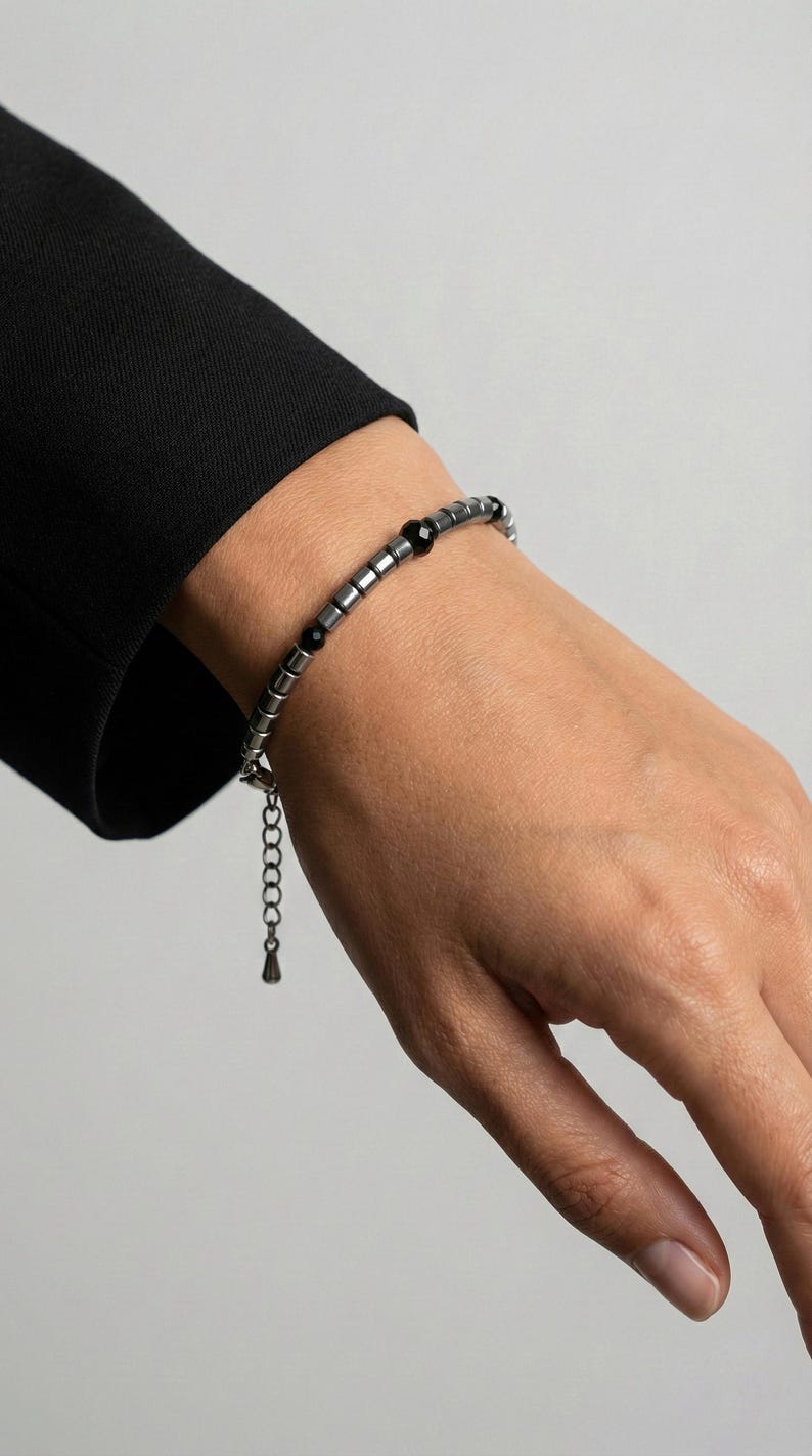 Hematite Bracelet With Black Glass Beads, Gothic Jewelry - Etsy