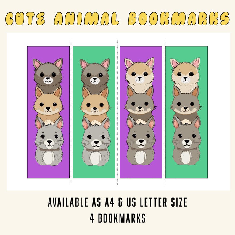 Adorable Animal Bookmarks – Set of 4 for A4 & US Letter Size Pages ...