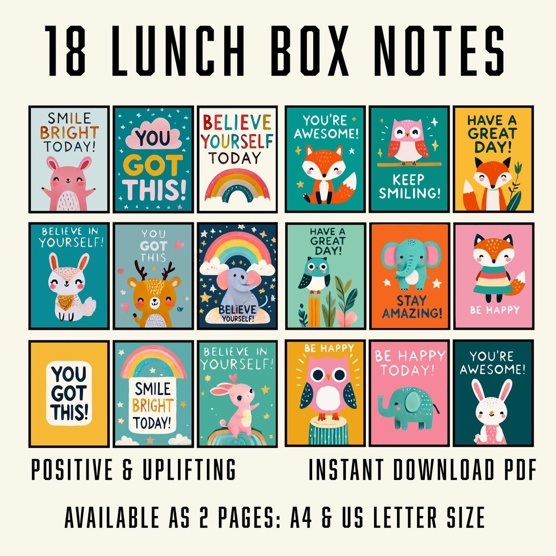 Cute Animal Lunchbox Notes Printable Pack - Set of 18 - Etsy