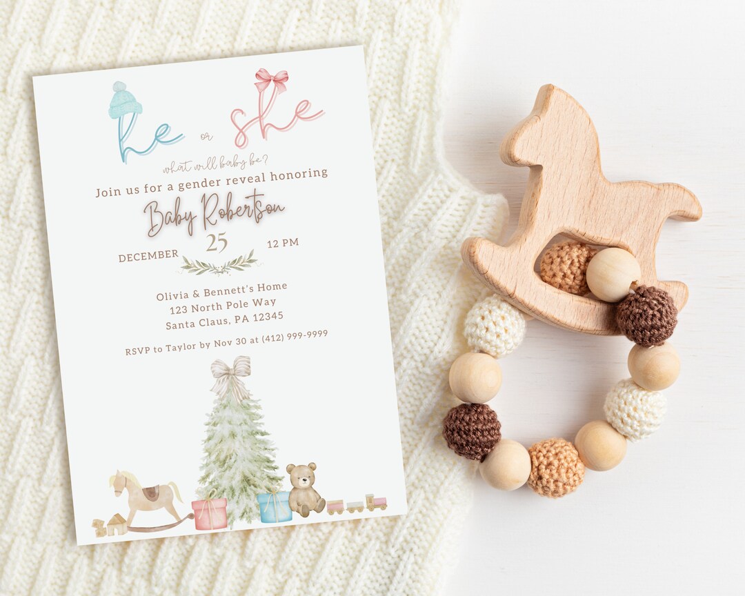 Winter Christmas Baby Gender Reveal Gift Tree Invitation, Pink or Blue ...