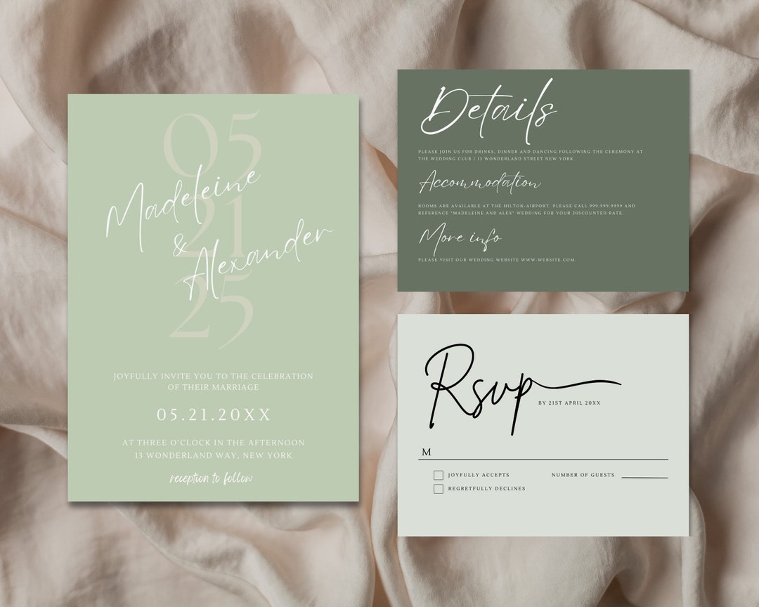 Shades of Green Wedding Invitation Suite Sage Green Wedding RSVP and ...