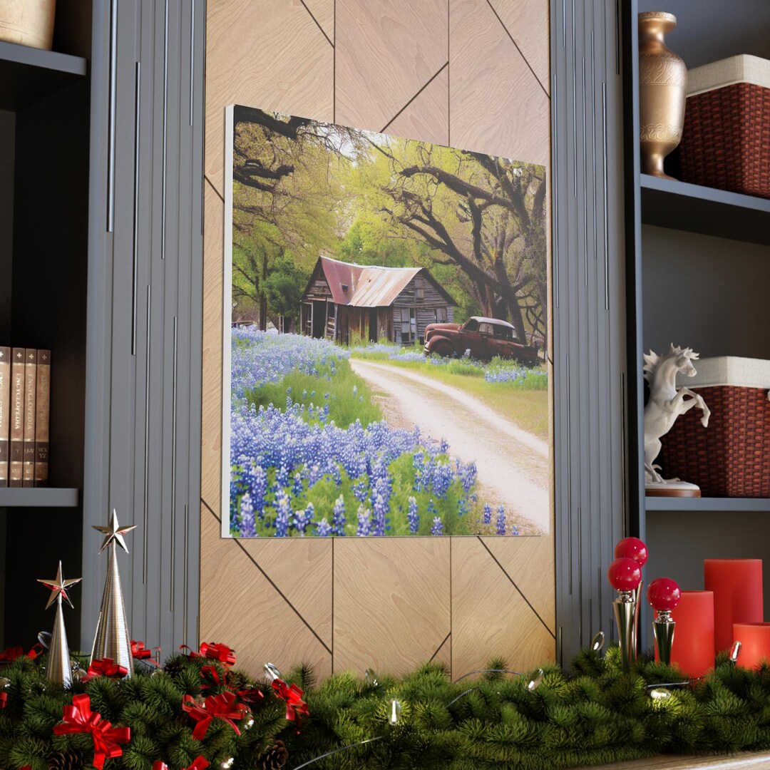 Rustic Texas Farmhouse With Blue Bonnets Canvas Gallery Wrap, Country ...