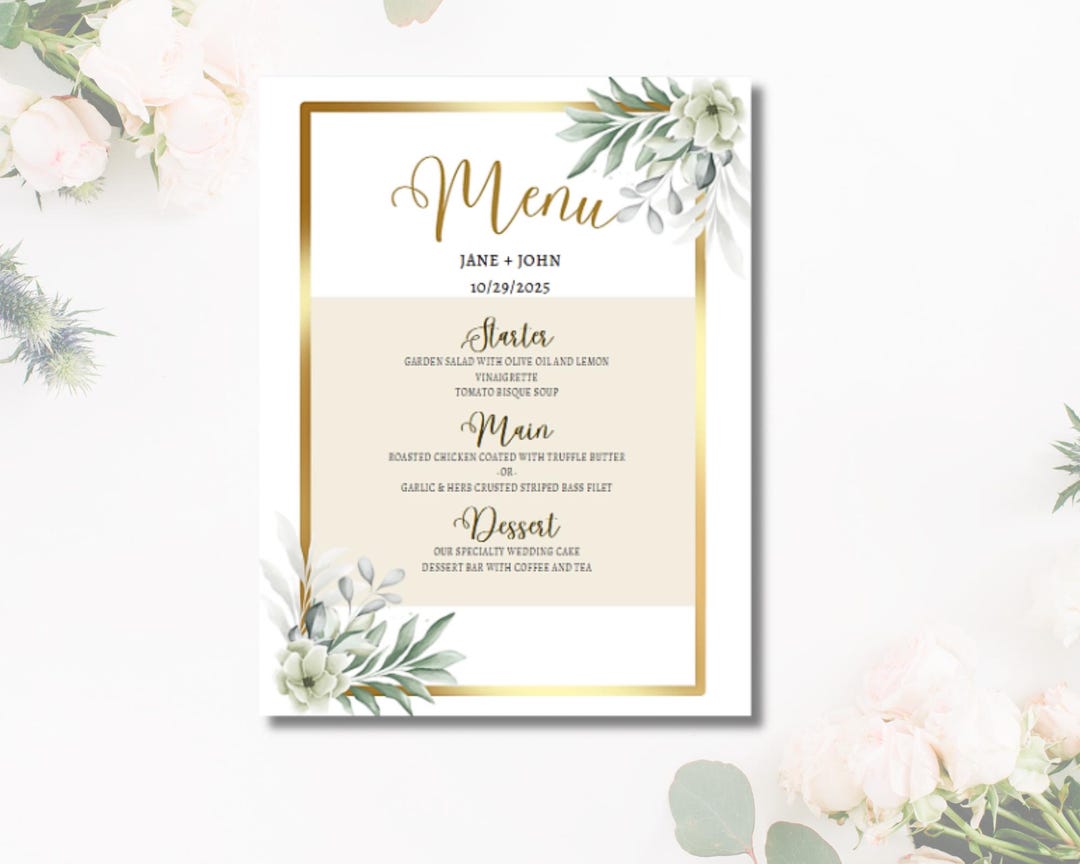 Gold Floral Elegant Wedding Dinner Menu Digital Download Free ...