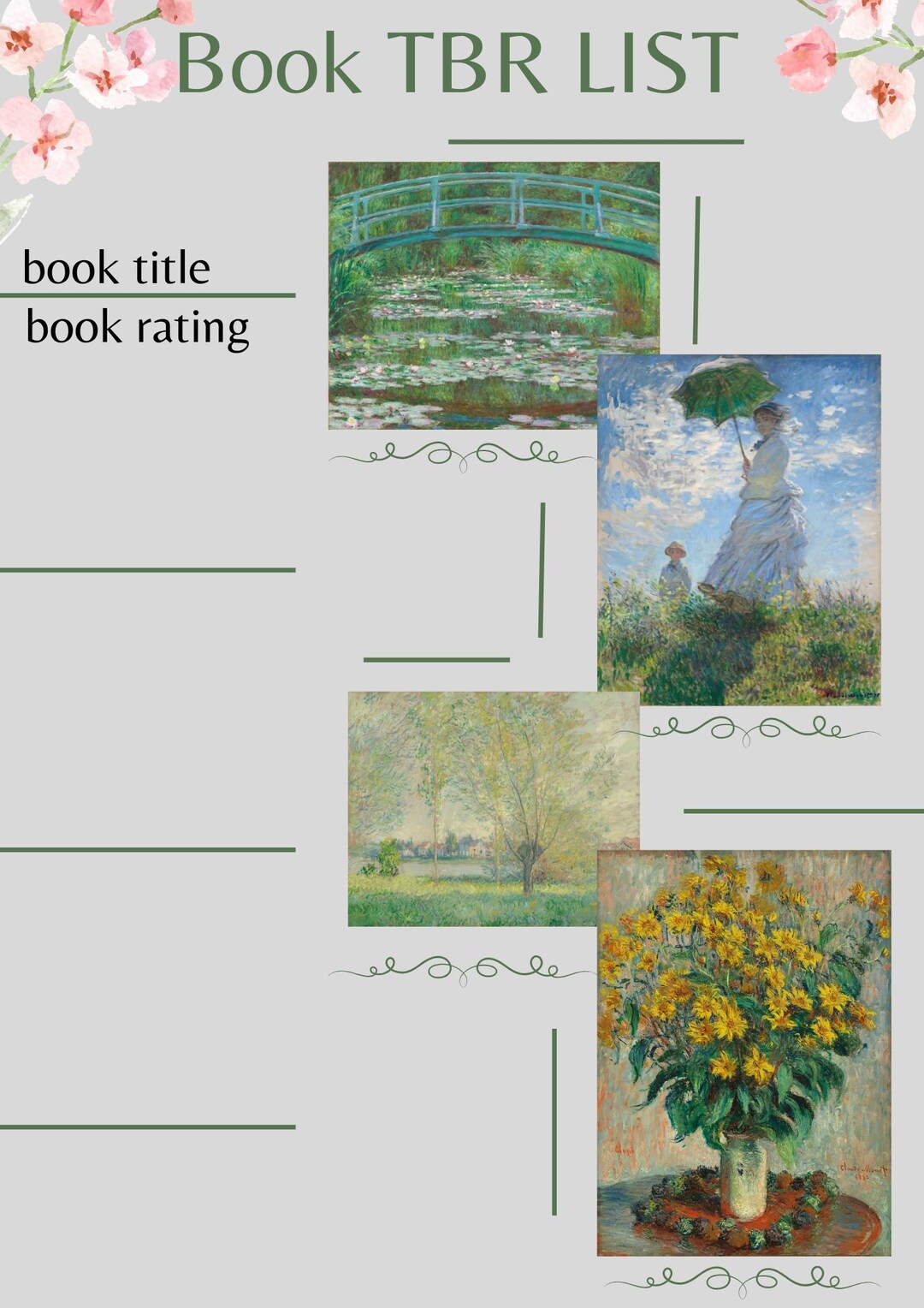 Claude Monet Book TBR Template - Etsy