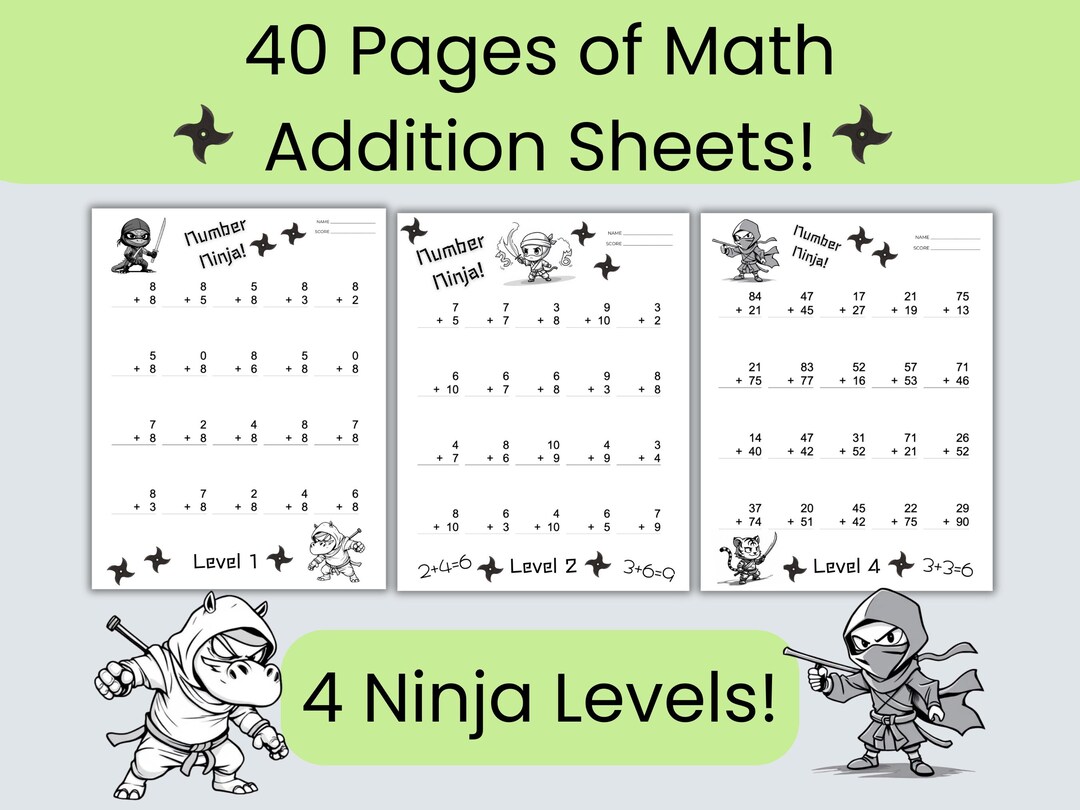 Math Addition Worksheets for School Classroom Practice at Home Ninja ...