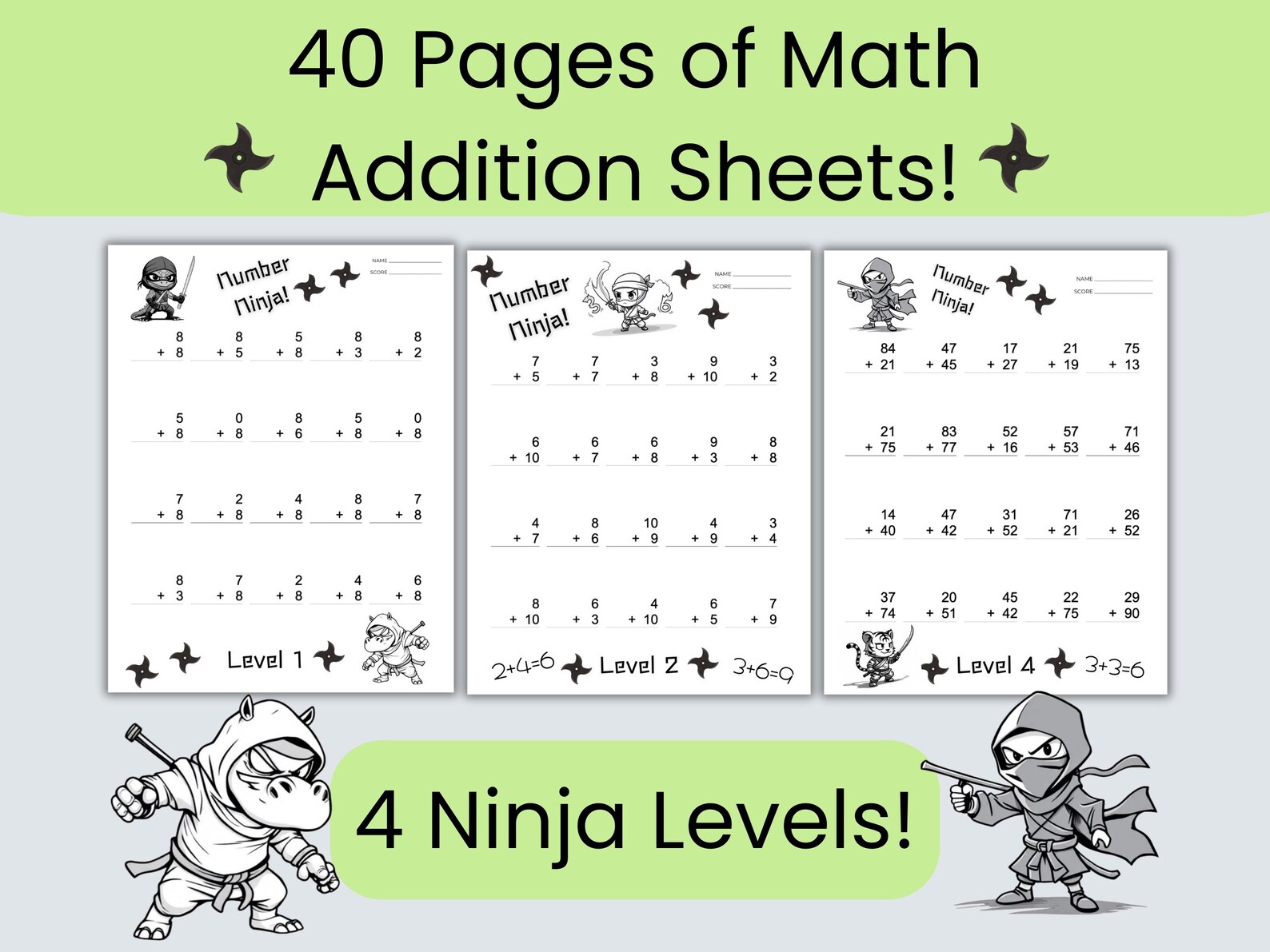Math Addition Worksheets for School Classroom Practice at Home Ninja ...