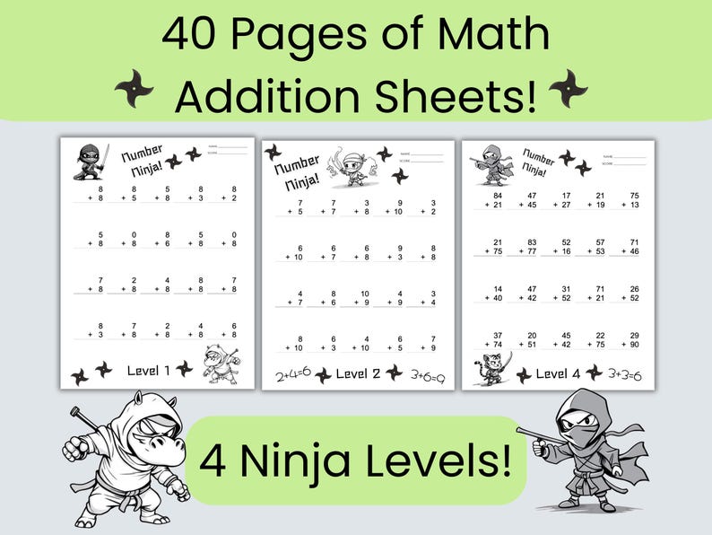 Math Addition Pages for School or Classroom or Practice at Home | Ninja ...