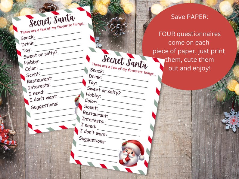 Secret Santa Form Printable for Work Group of Friends Family Class ...