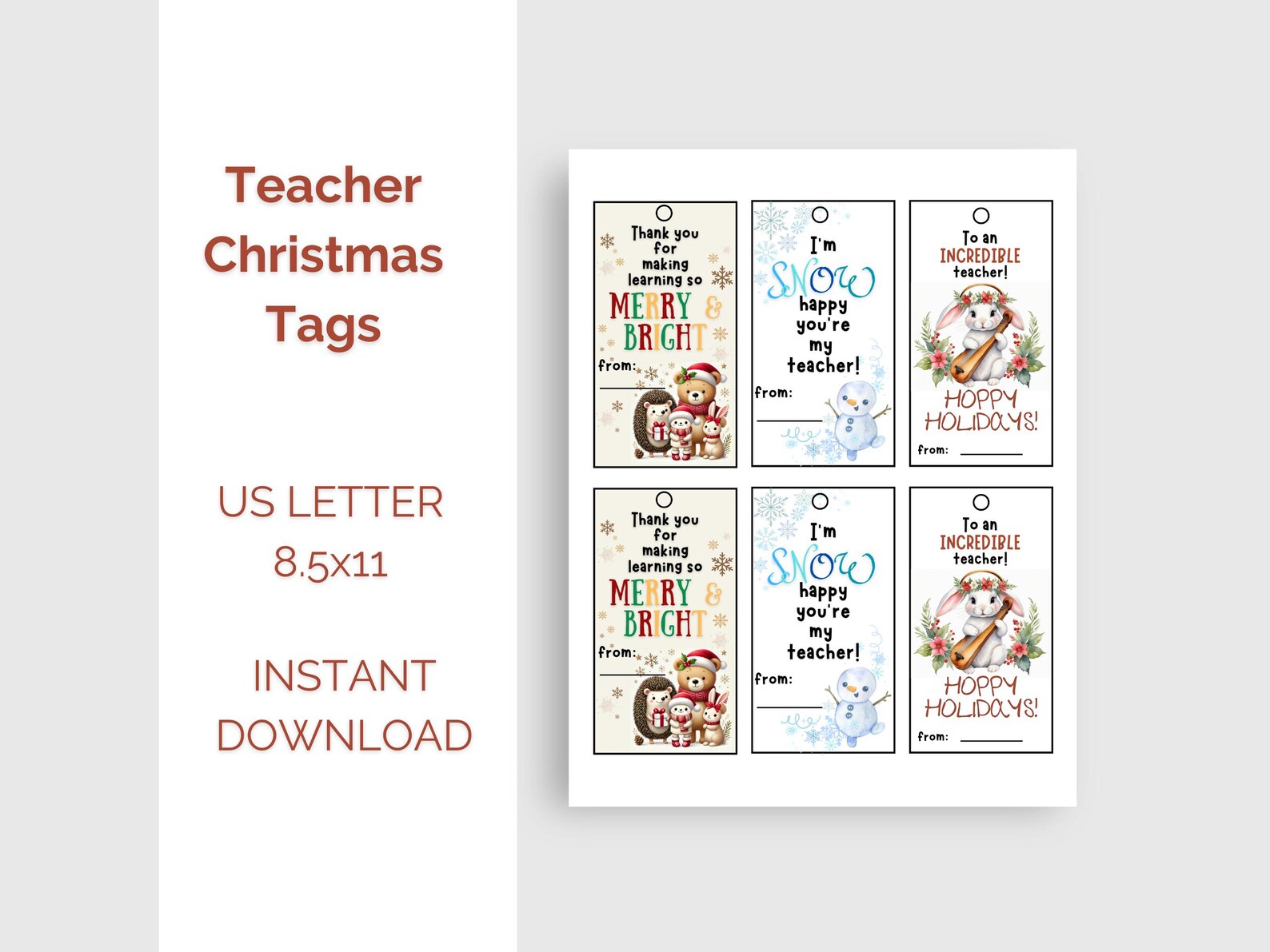 Teacher Christmas Gift Tags, Holiday Puns (PDF) Adorable Animal Gift ...
