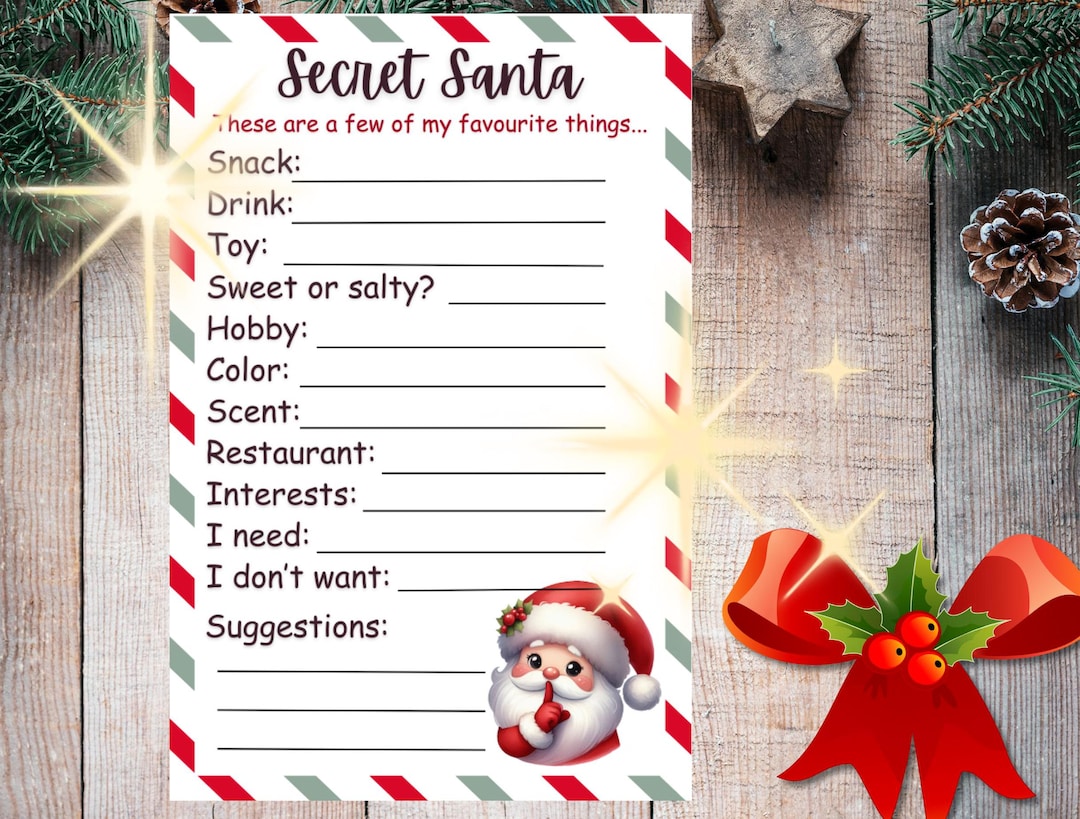 Secret Santa Form Printable for Work Group of Friends Family Class ...