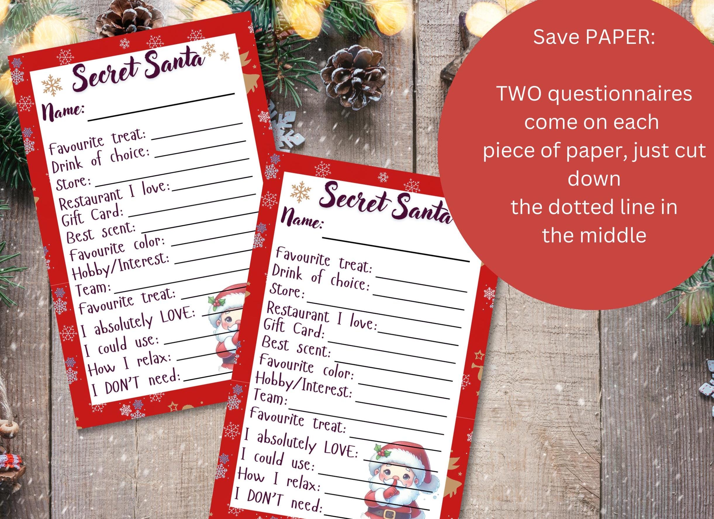 Secret Santa Questionnaire Printable Simple Secret Santa Questions for ...