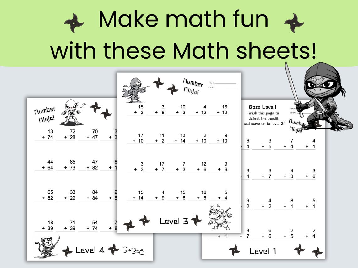 Math Addition Worksheets for School Classroom Practice at Home Ninja ...