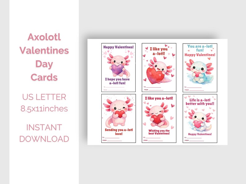 Axolotl Valentines Cards for Kids for School and Friends Adorable ...