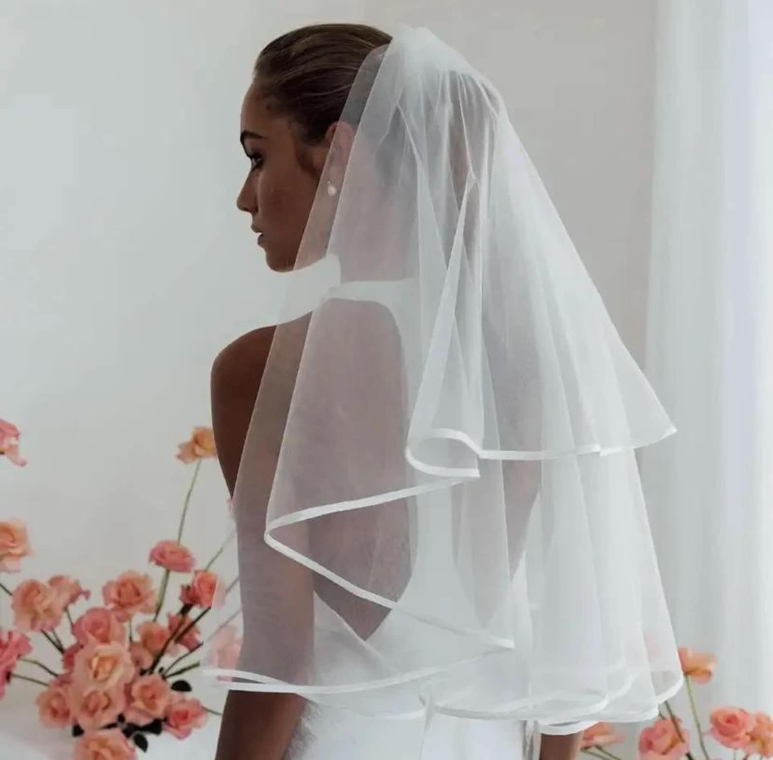 Soft Ribbon Edge Wedding Veil, Fingertip Length Wedding Veil, Blusher ...