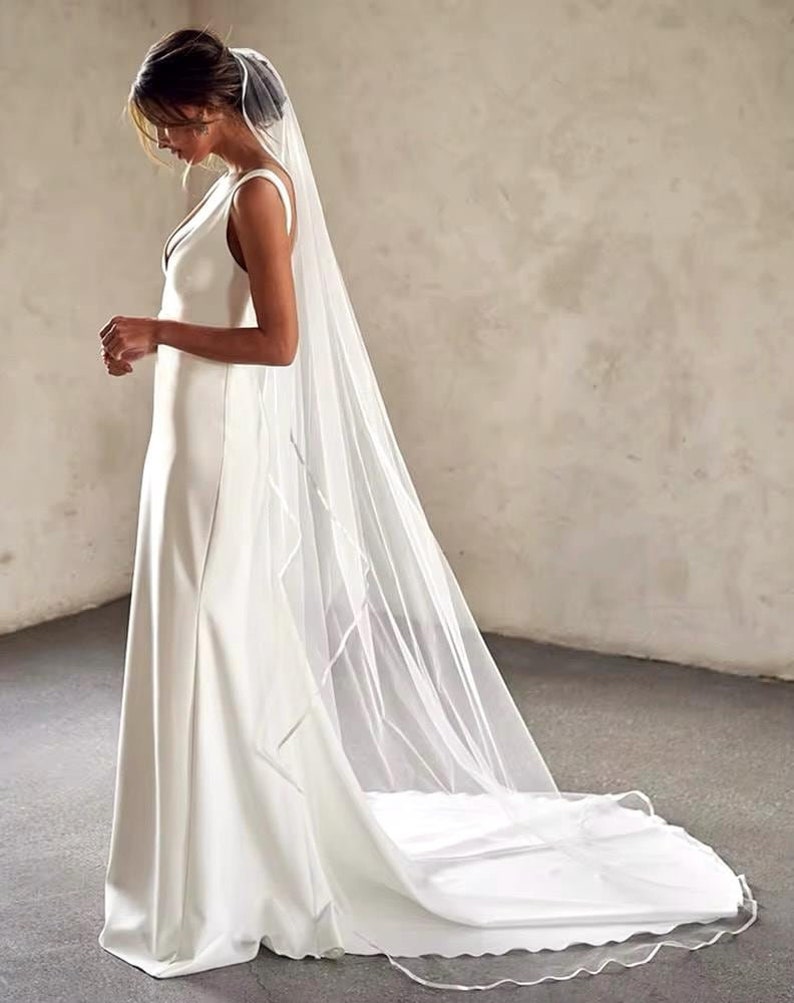 Soft Ribbon Edge Wedding Veil, Fingertip Length Wedding Veil, Ribbon ...