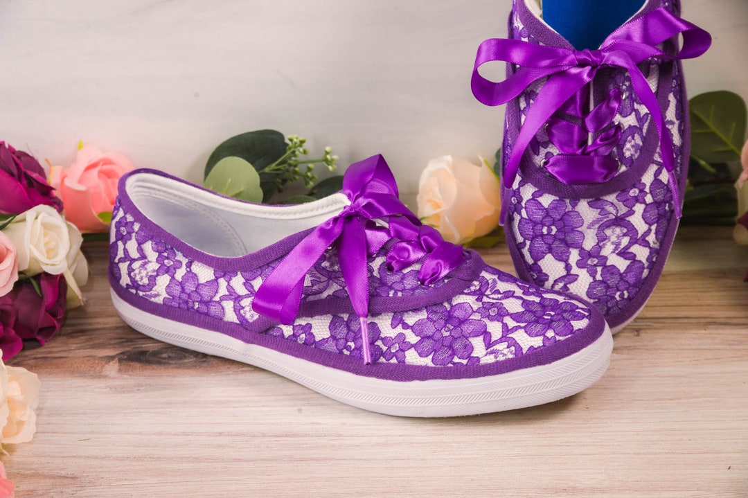 Purple Wedding Sneakers for Bride, Purple Lace White Sneakers, Flat ...