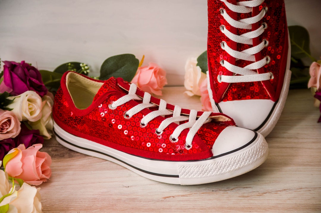 Red Sequin Low Top Sneakers, Custom Wedding Shoes, Sparkle Tennis Shoes ...
