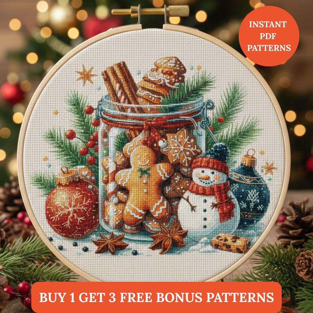 Cozy Christmas Jar Cross Stitch Pattern Gingerbread Man Snowman Holiday ...