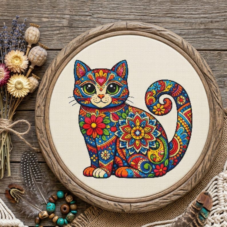 Colorful Mandala Cat Cross Stitch Pattern PDF | Boho Animal Folk Art ...
