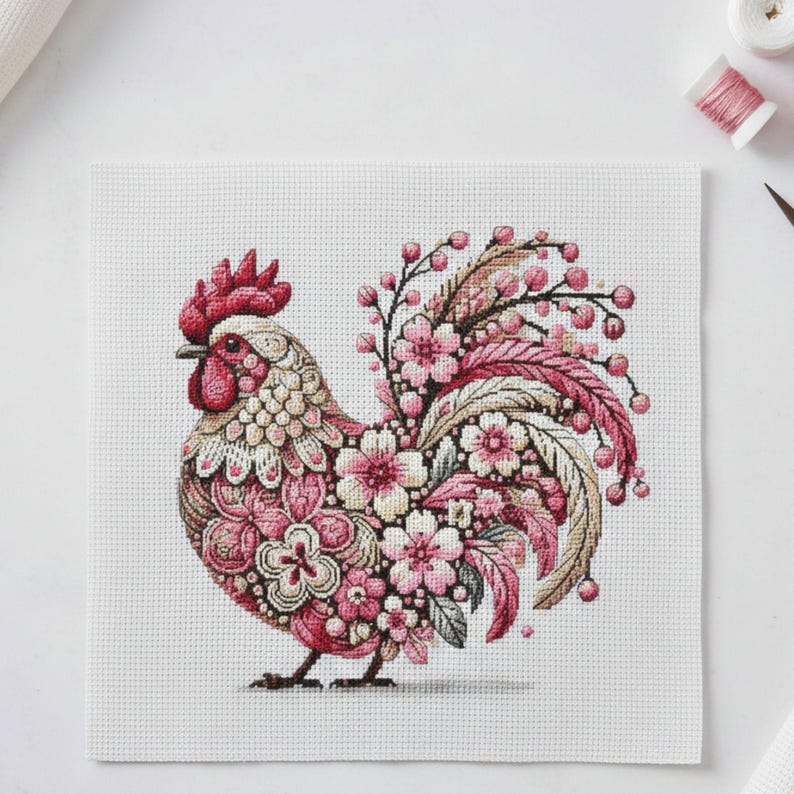 Floral Rooster Hen Do Cross Stitch Pattern PDF - Modern Chicken ...