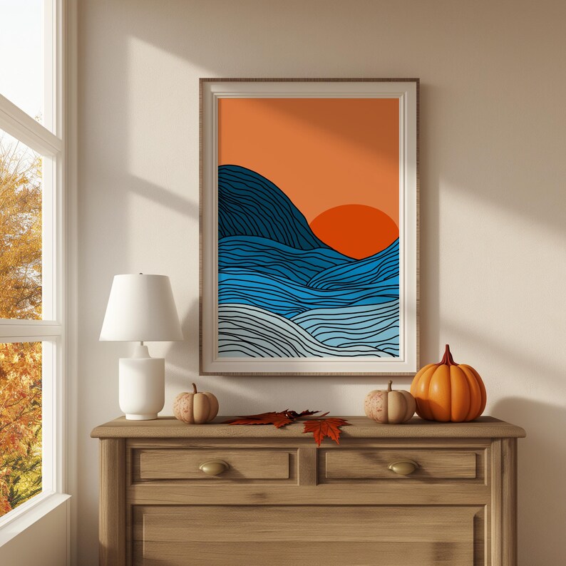 Abstract Sunset Wall Art, Ocean Waves Art Print, Sunset Illustration ...