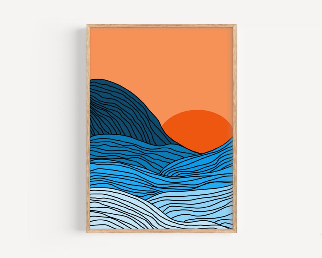 Abstract Sunset Wall Art, Ocean Waves Art Print, Sunset Illustration ...