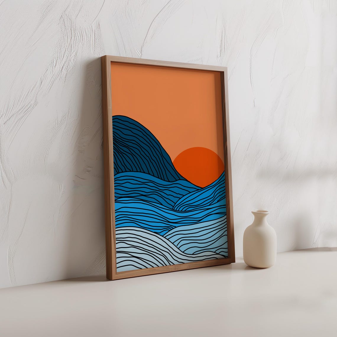 Abstract Sunset Wall Art, Ocean Waves Art Print, Sunset Illustration ...