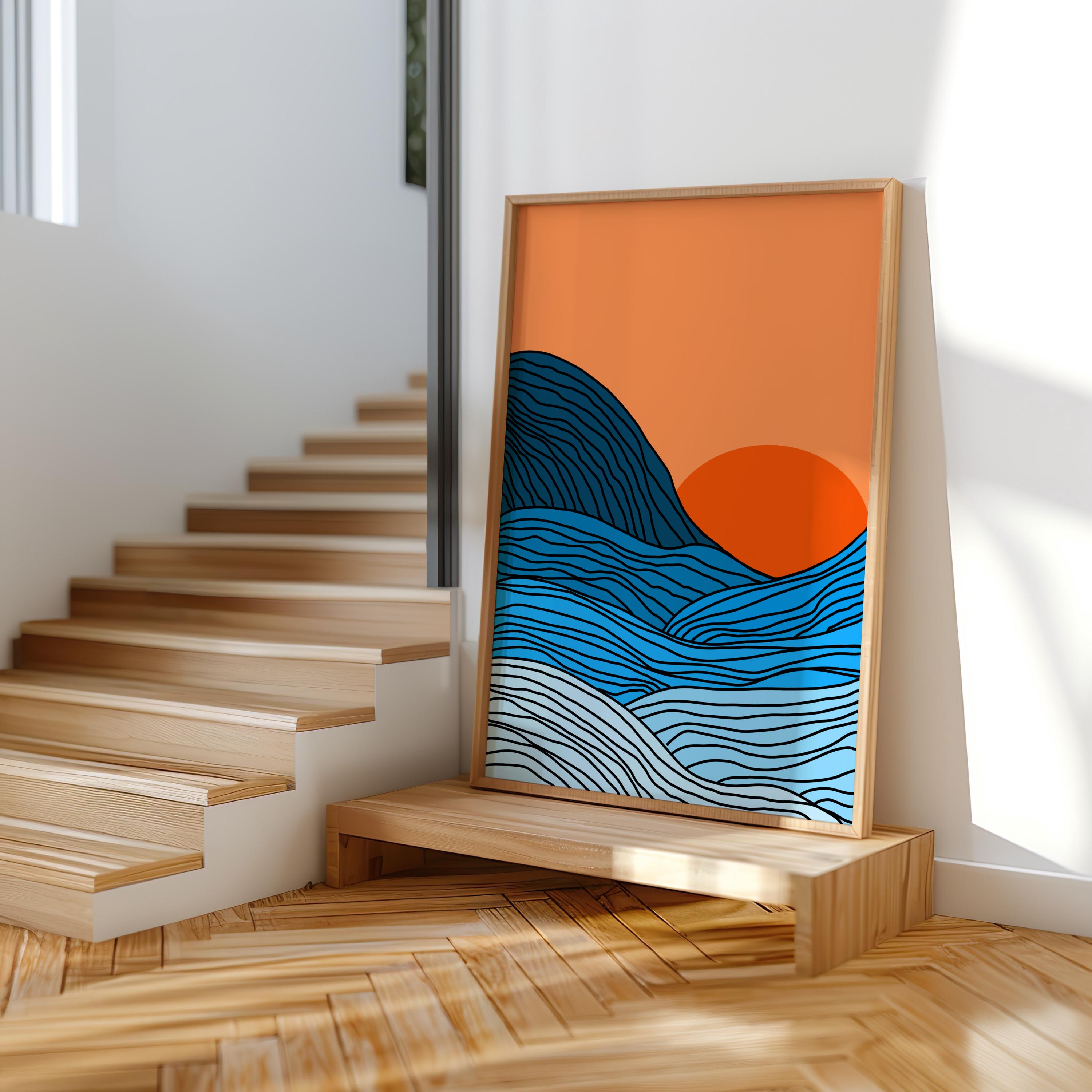 Abstract Sunset Wall Art, Ocean Waves Art Print, Sunset Illustration ...