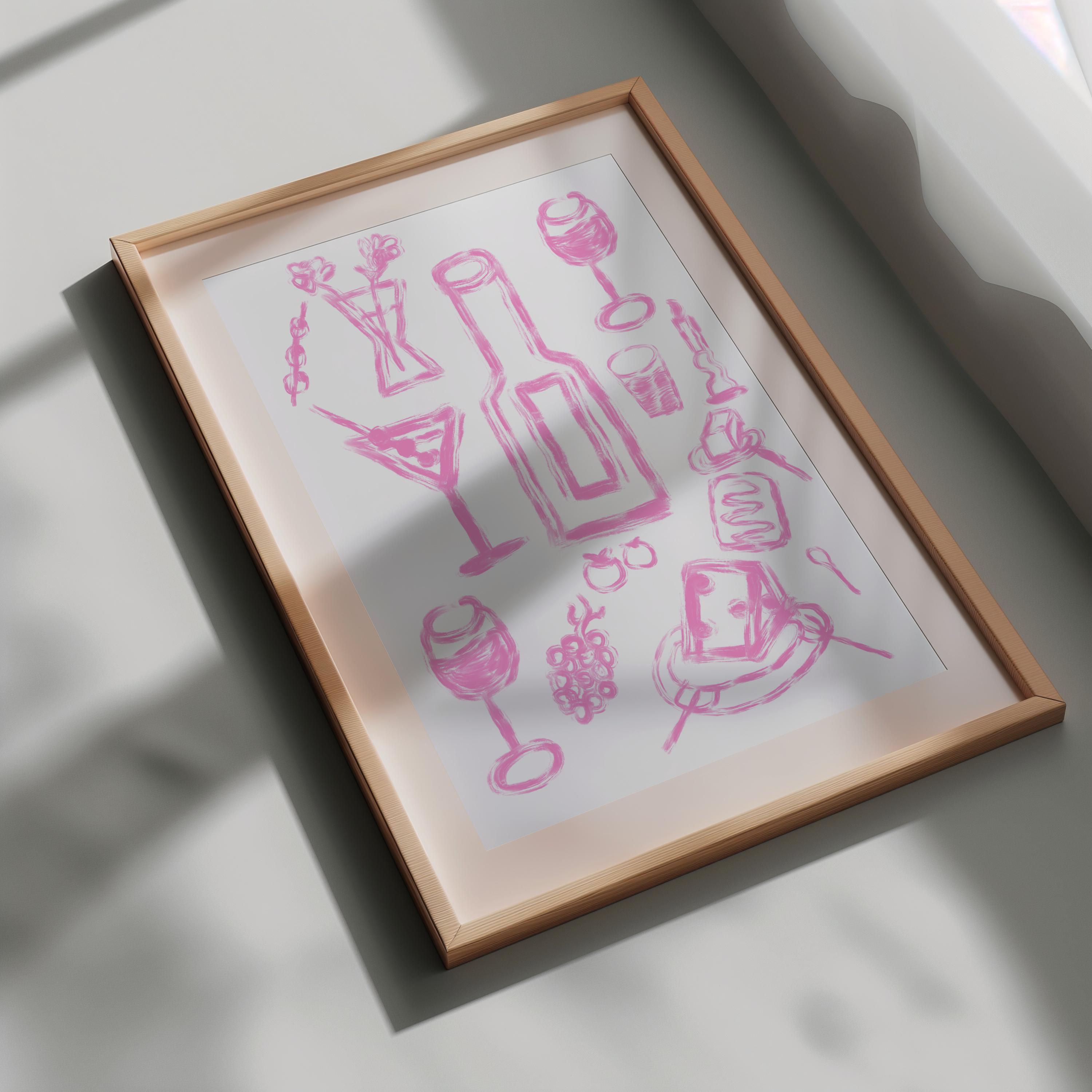 Pink Retro Food Table Print, Wine and Cheese Print, Food and Drinks ...