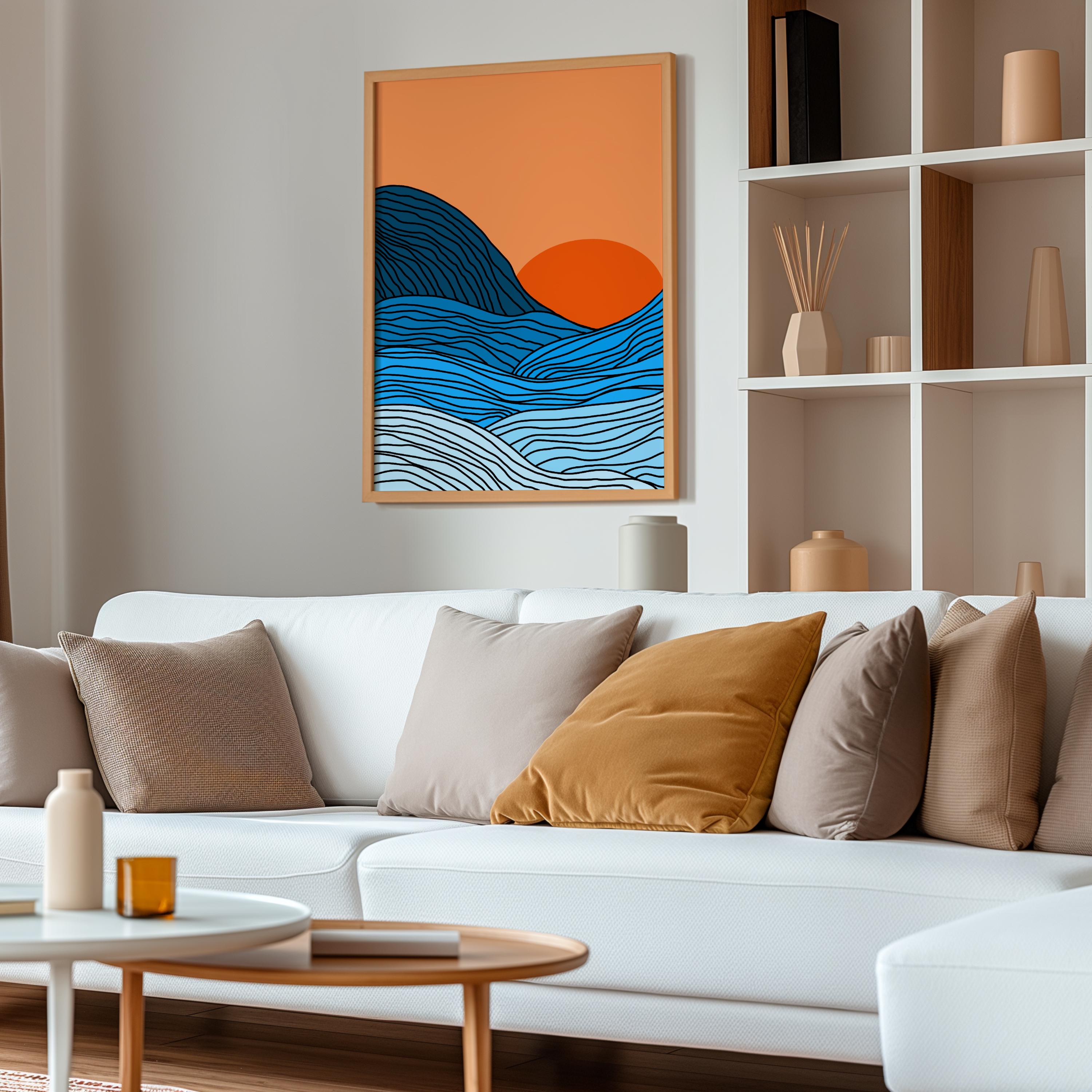 Abstract Sunset Wall Art, Ocean Waves Art Print, Sunset Illustration ...