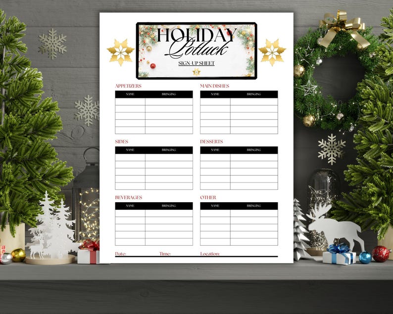 Holiday Christmas Potluck Sign-up Sheet Printable With Food Categories ...