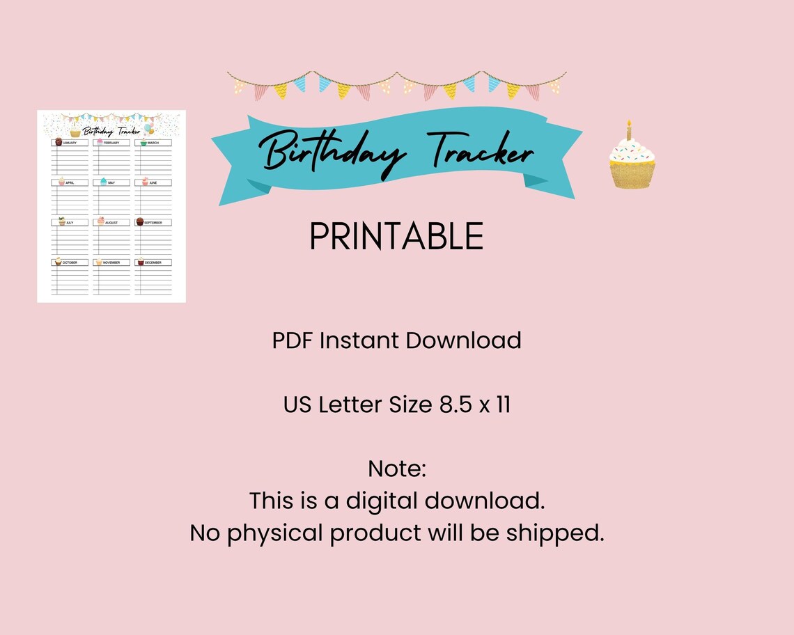 Birthday Tracker Printable, Cute Cupcake Themed Birthday Calendar ...
