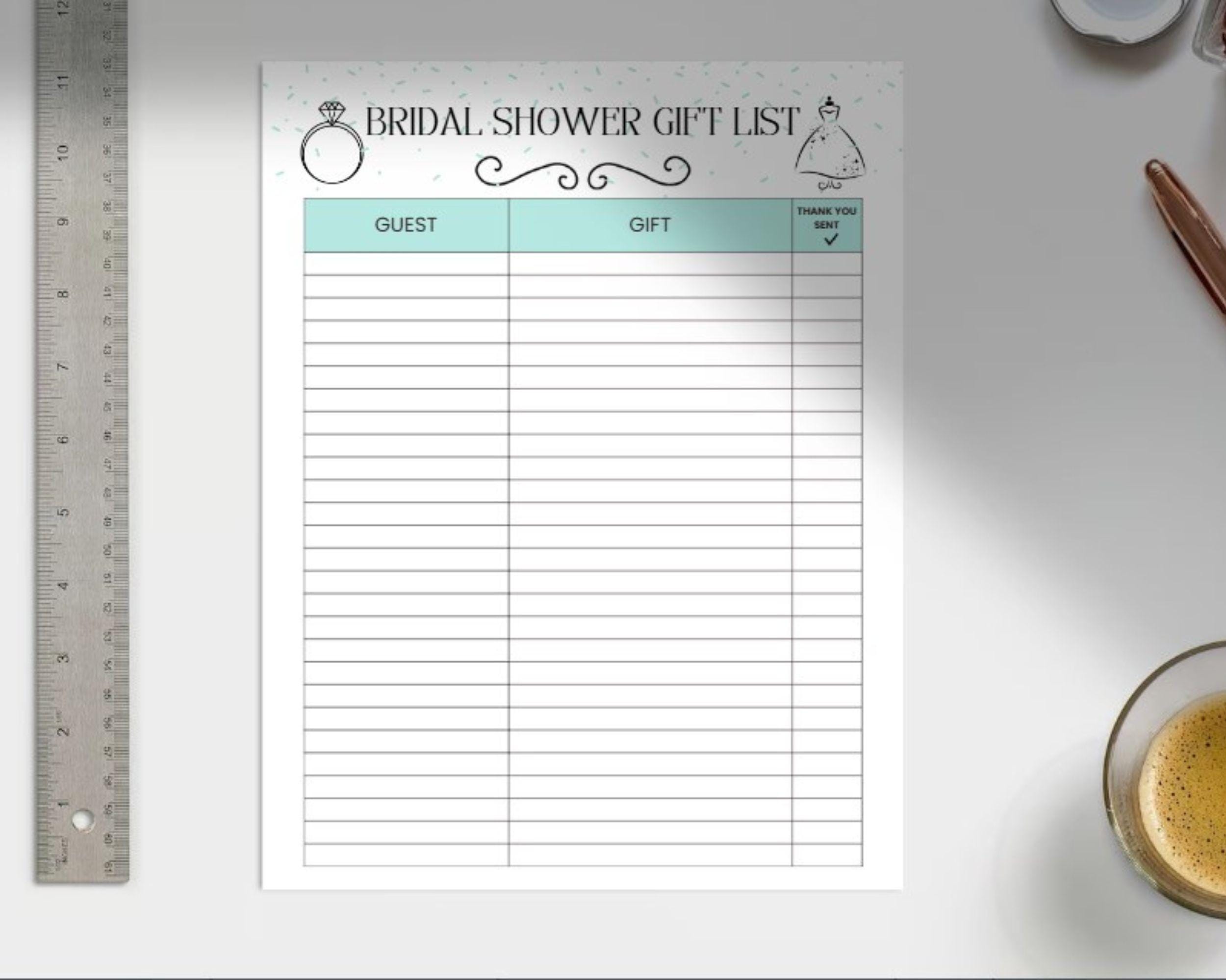 Bridal Shower Gift List Printable, Gift Tracker, Thank You Check List ...