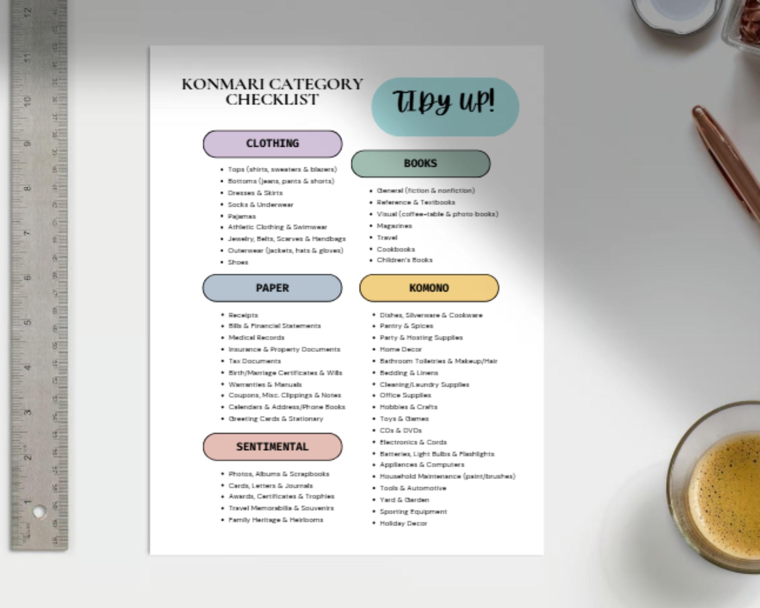 Konmari Tidy up Printable, Marie Kondo Category List, Printable ...