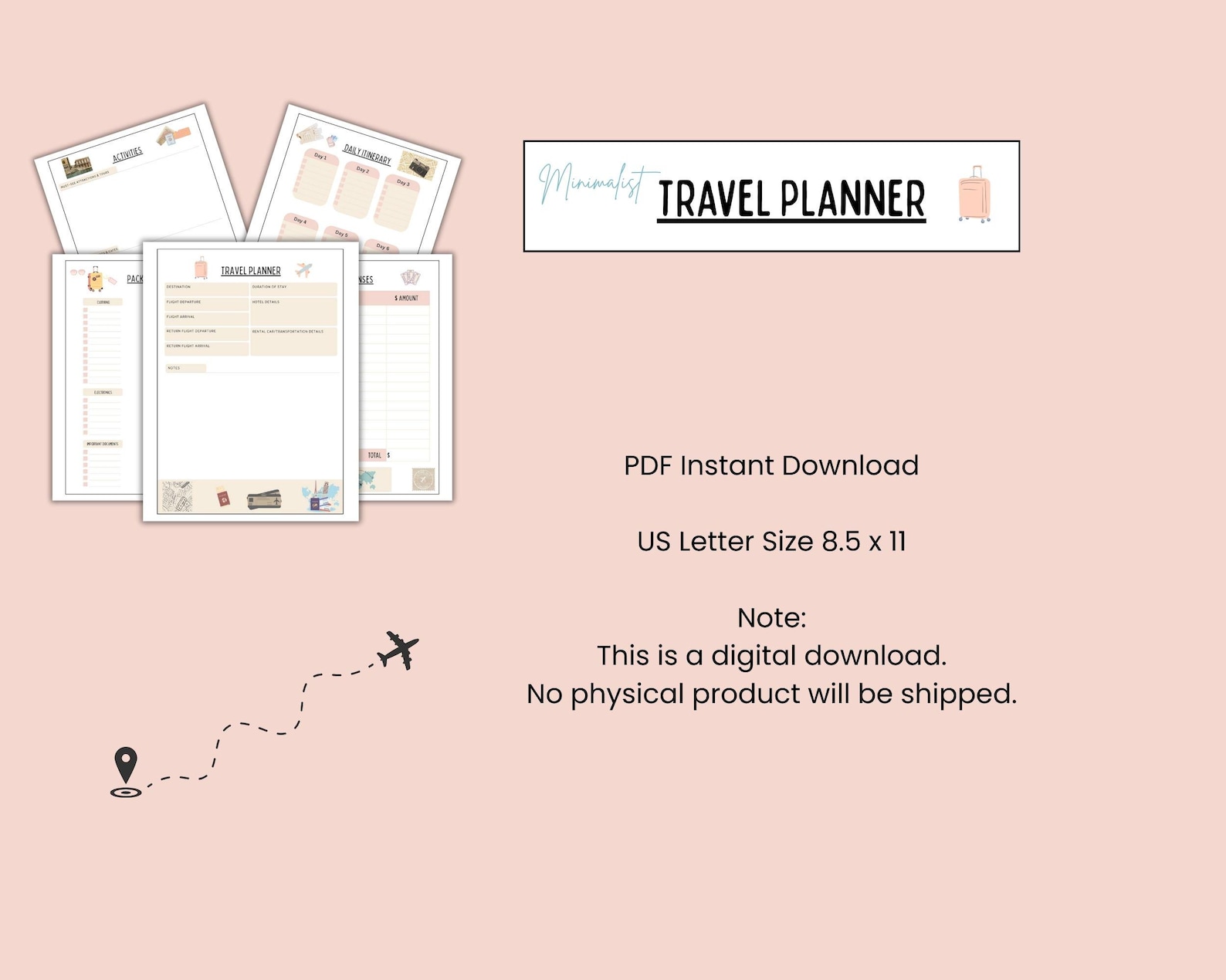 Minimalist Travel Planner Printable, Travel Itinerary, Travel Expense ...
