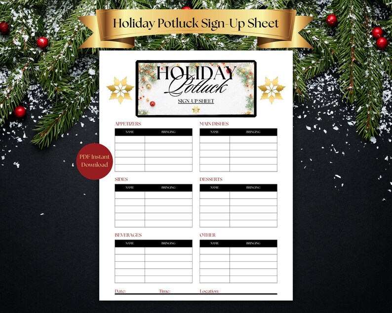 Holiday Christmas Potluck Sign-up Sheet Printable With Food Categories ...