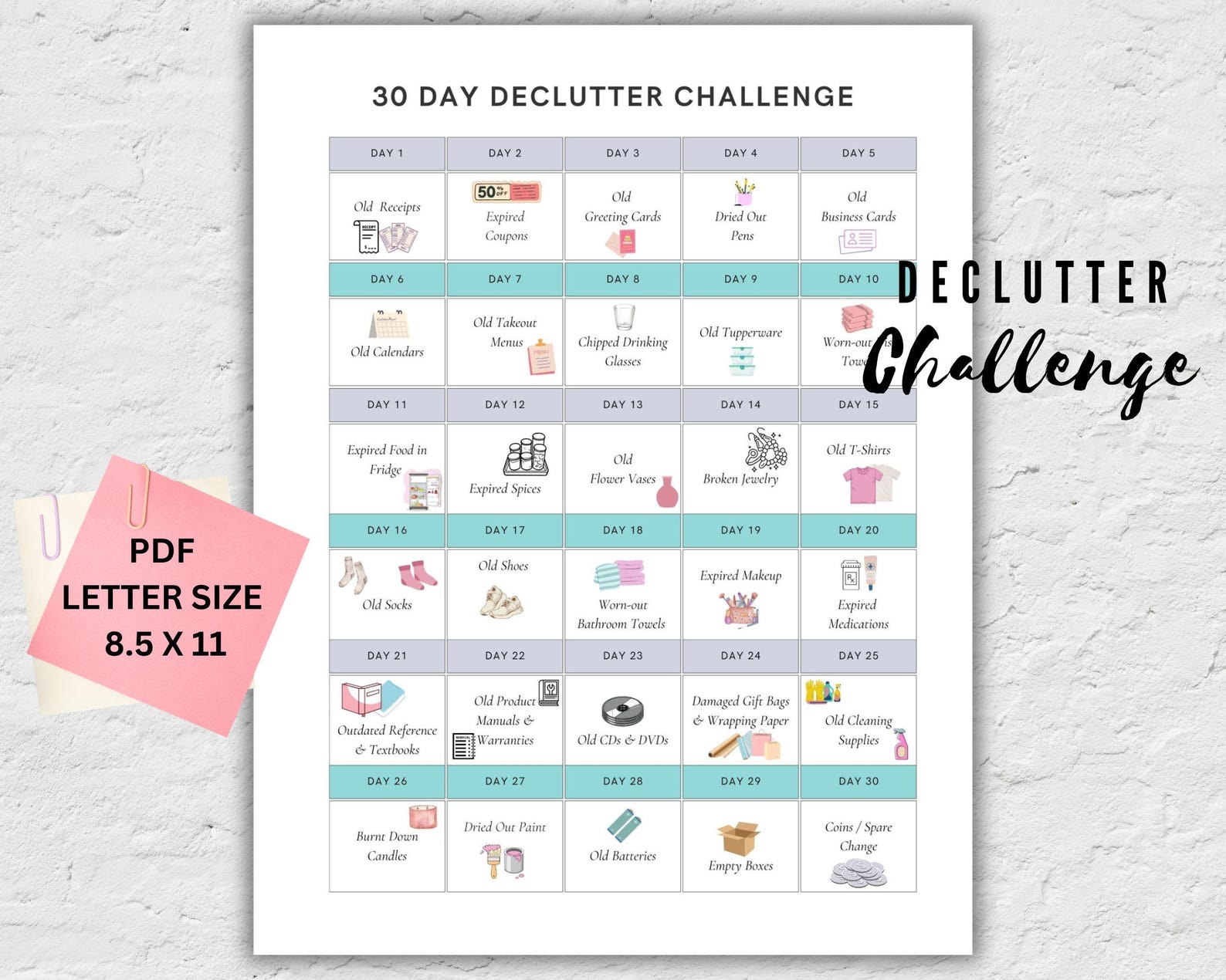 30 Day Declutter Challenge Printable, Declutter Checklist Template ...