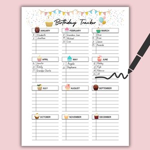 Birthday Tracker Printable, Cute Cupcake Themed Birthday Calendar ...