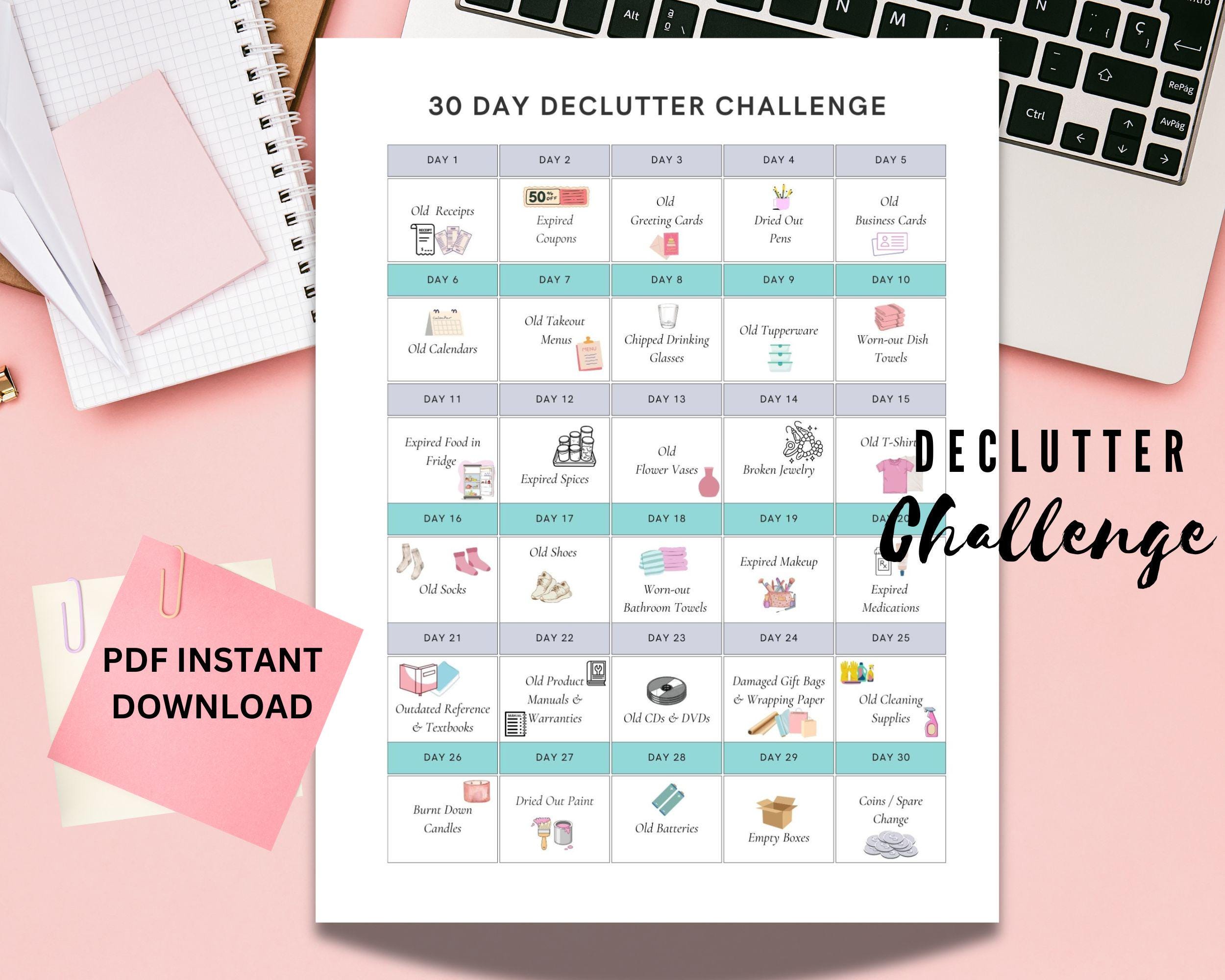 30 Day Declutter Challenge Printable, Declutter Checklist Template ...