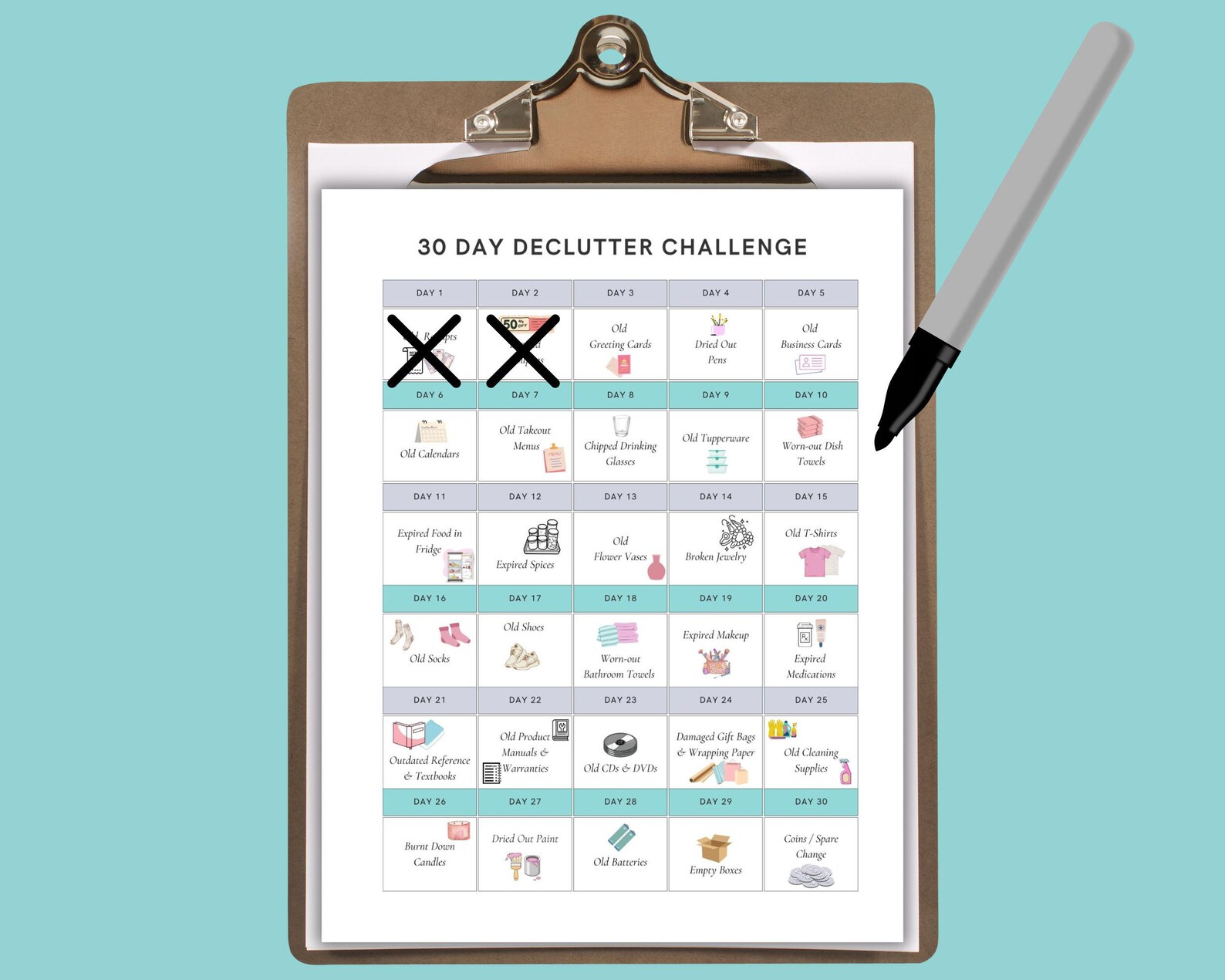 30 Day Declutter Challenge Printable, Declutter Checklist Template ...