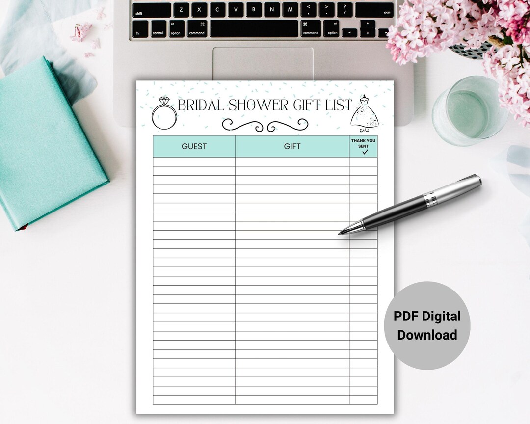 Bridal Shower Gift List Printable, Gift Tracker, Thank You Check List ...