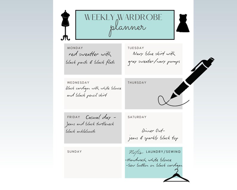 Weekly Wardrobe Planner Printable, Minimalist Outfit Planner, Fashion ...