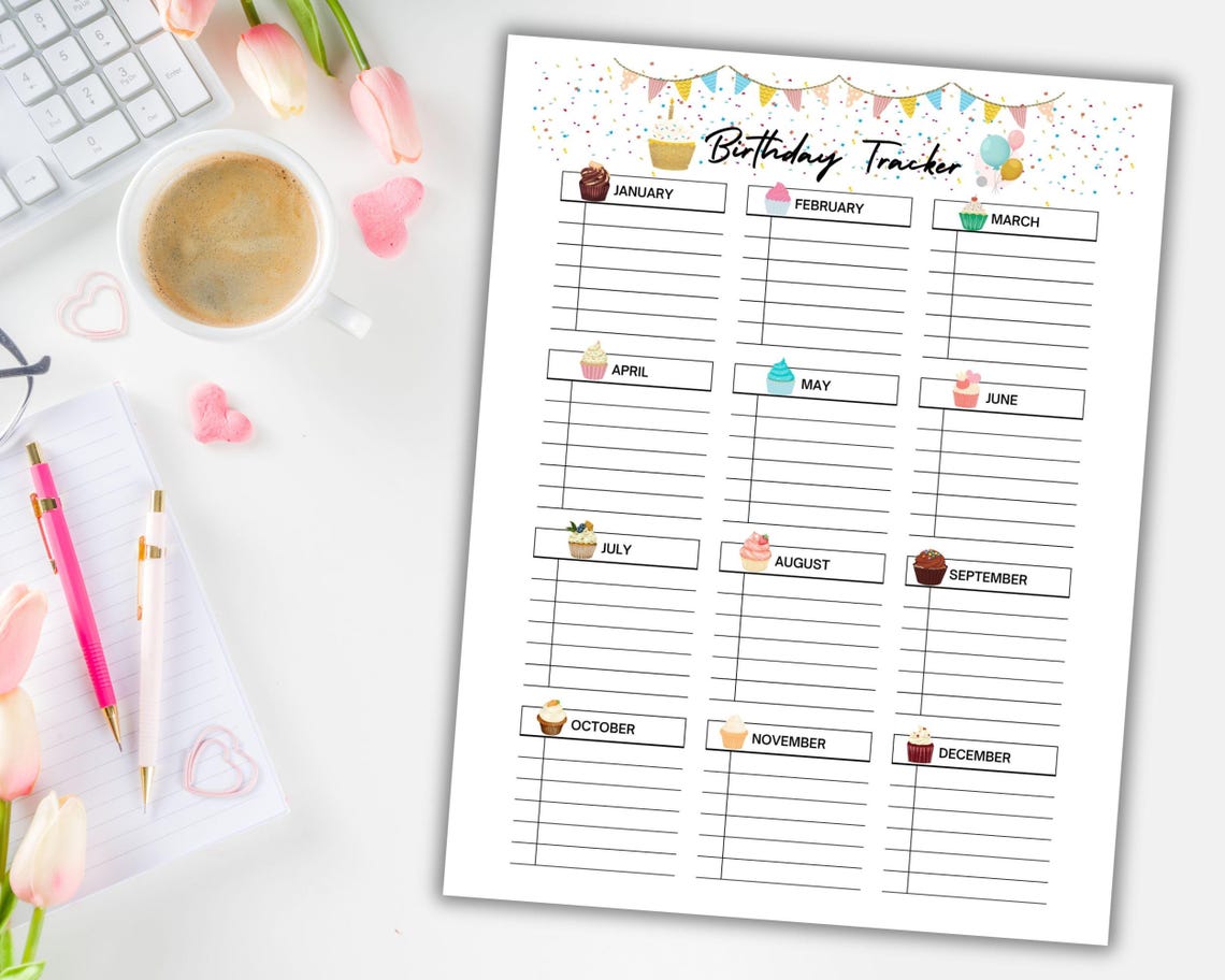 Birthday Tracker Printable, Cute Cupcake Themed Birthday Calendar ...