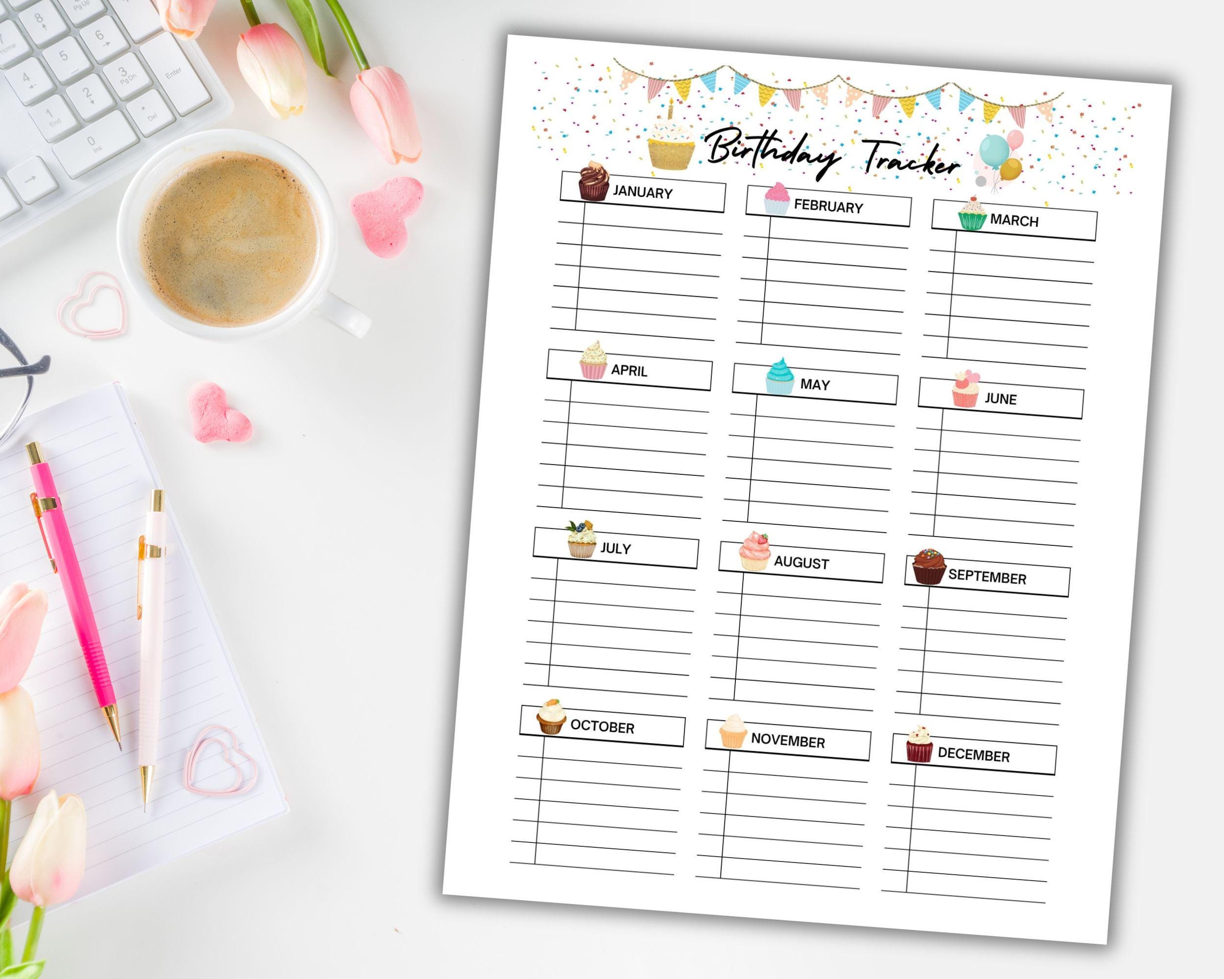 Birthday Tracker Printable, Cute Cupcake Themed Birthday Calendar ...