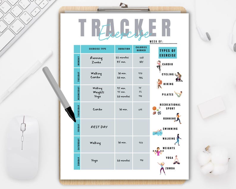 Weekly Exercise Tracker Printable, Fitness/workout Planner Template ...