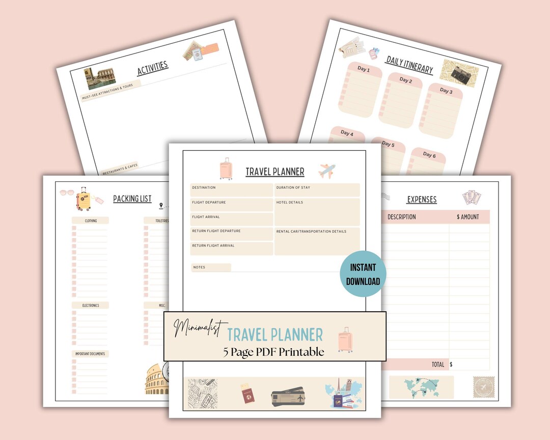 Minimalist Travel Planner Printable, Travel Itinerary, Travel Expense ...