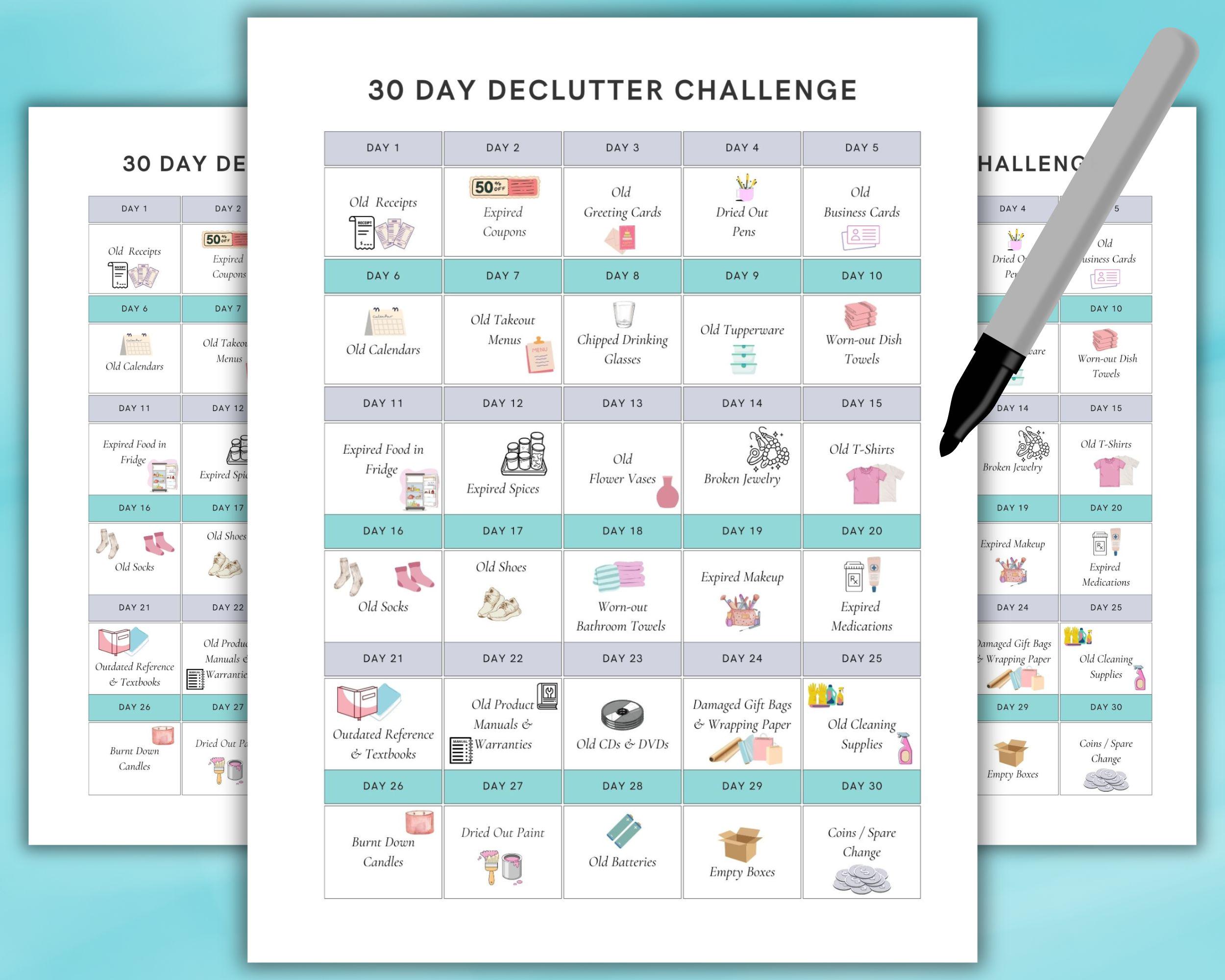 30 Day Declutter Challenge Printable, Declutter Checklist Template ...