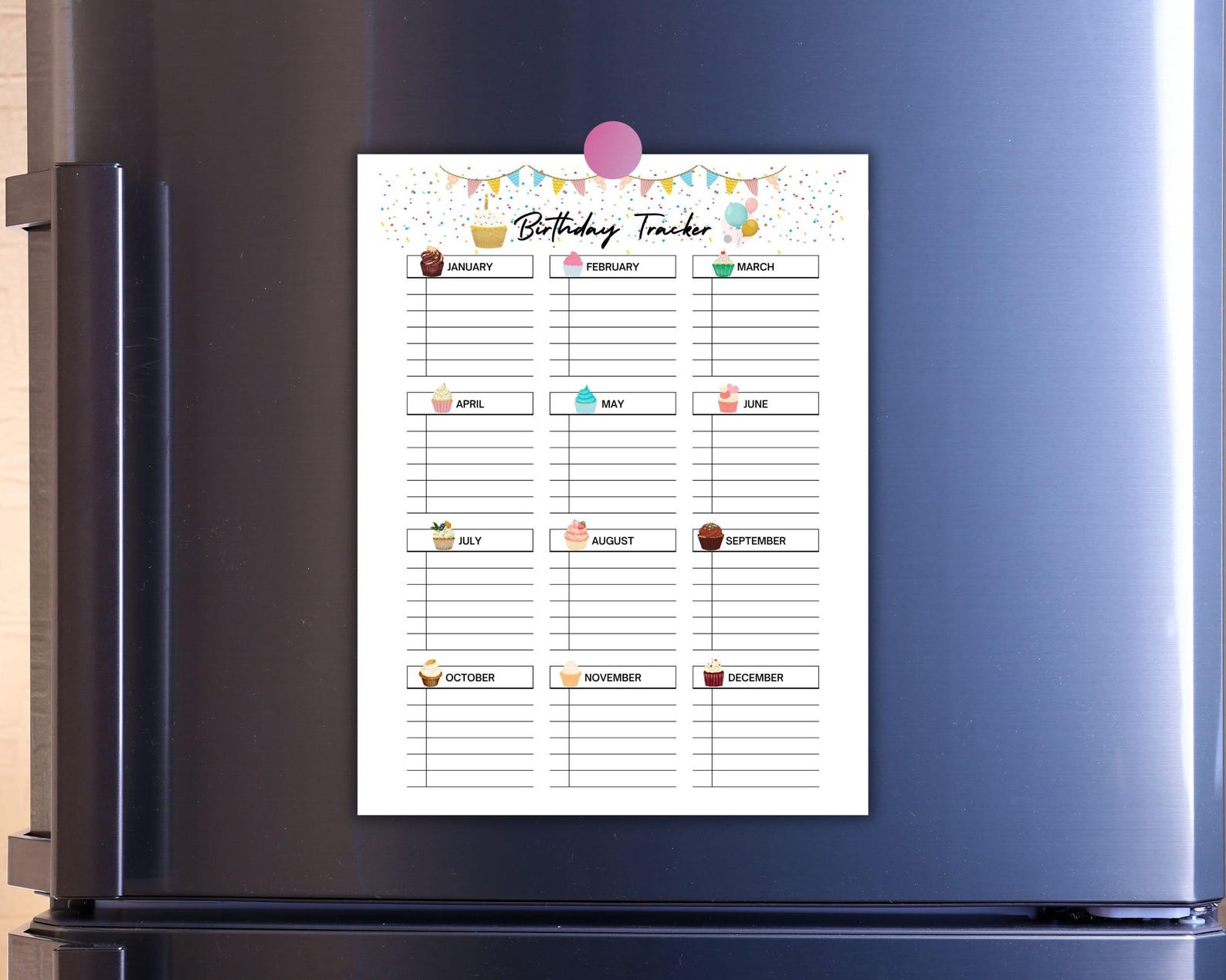 Birthday Tracker Printable, Cute Cupcake Themed Birthday Calendar ...