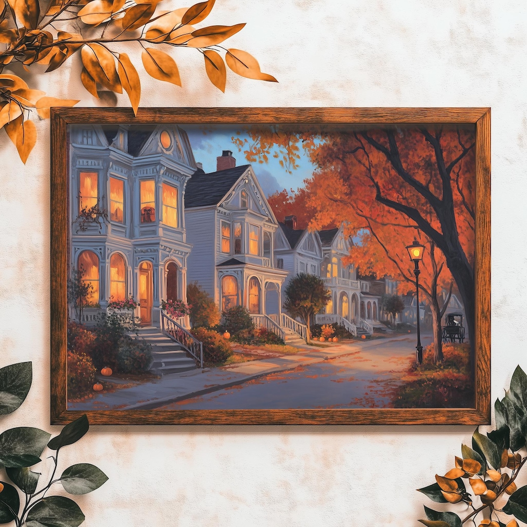 Victorian Street Painting, Digital Art, Fall Painting, Autumn Wall Art ...