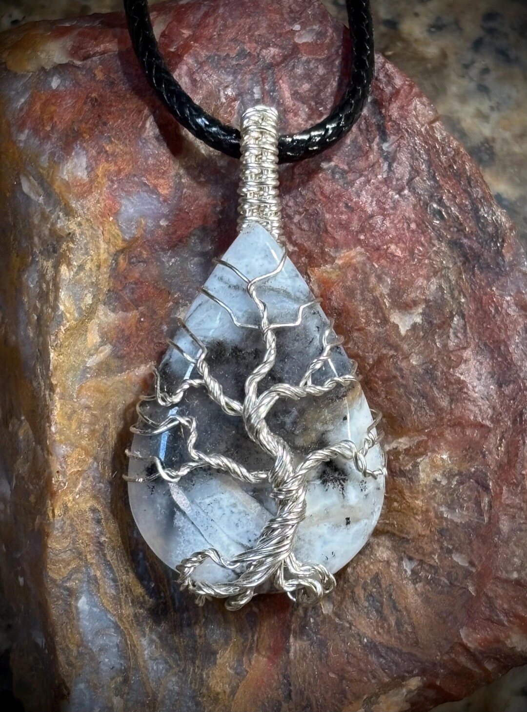Silver Tree of Life Pendant Wire Wrapped on a Teardrop Shaped Dendritic ...